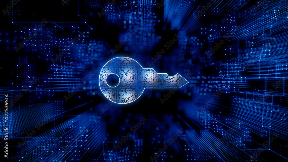 Security Technology Concept with key symbol against a Futuristic, Blue ...