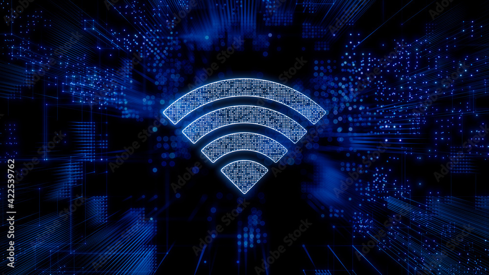 Wireless Technology Concept with wifi symbol against a Futuristic, Blue ...