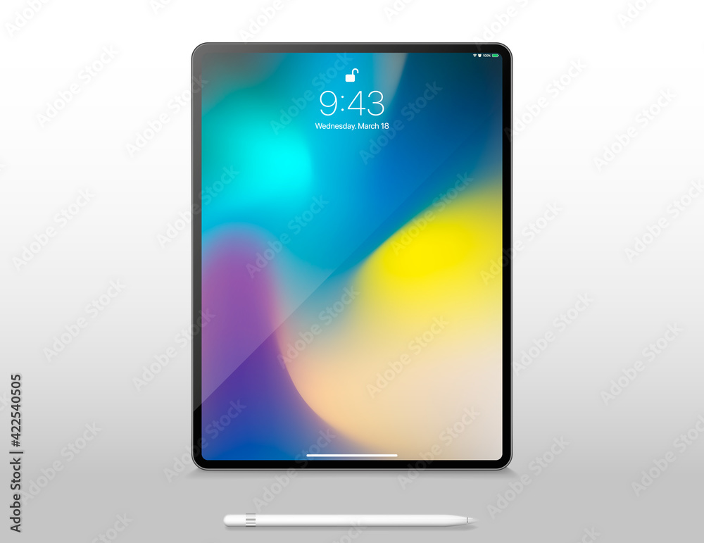 Realistic tablet computer lock screen with abstract colored geometric ...