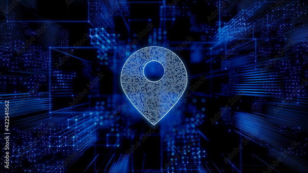 Location Technology Concept with map pin symbol against a Futuristic ...