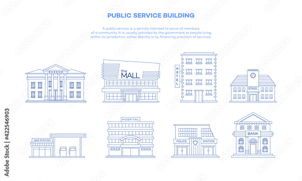 Collection of vector illustrations of public service building. Suitable ...