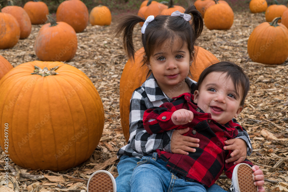 Young siblings pose for fall family portraits in a pumpkin patch for ...
