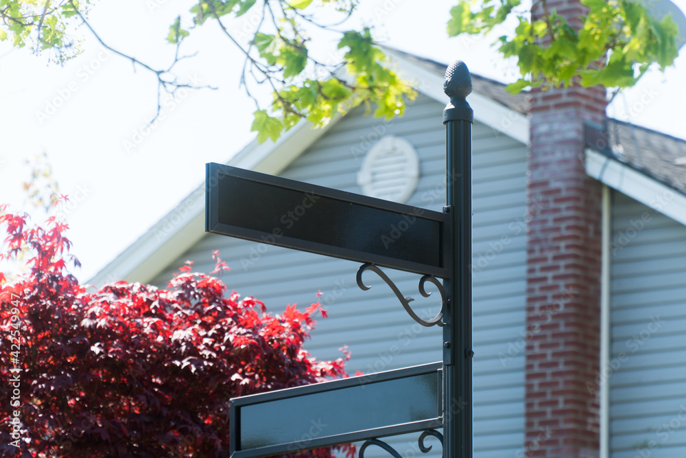 Blank road signs on a neighborhood street corner to provide direction ...