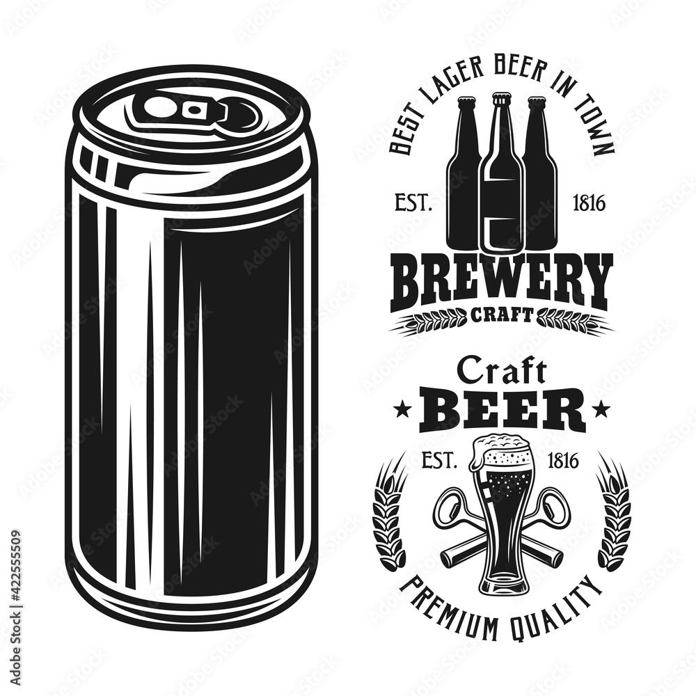 Two brewery emblems, badges, labels or logos and beer can set of vector ...