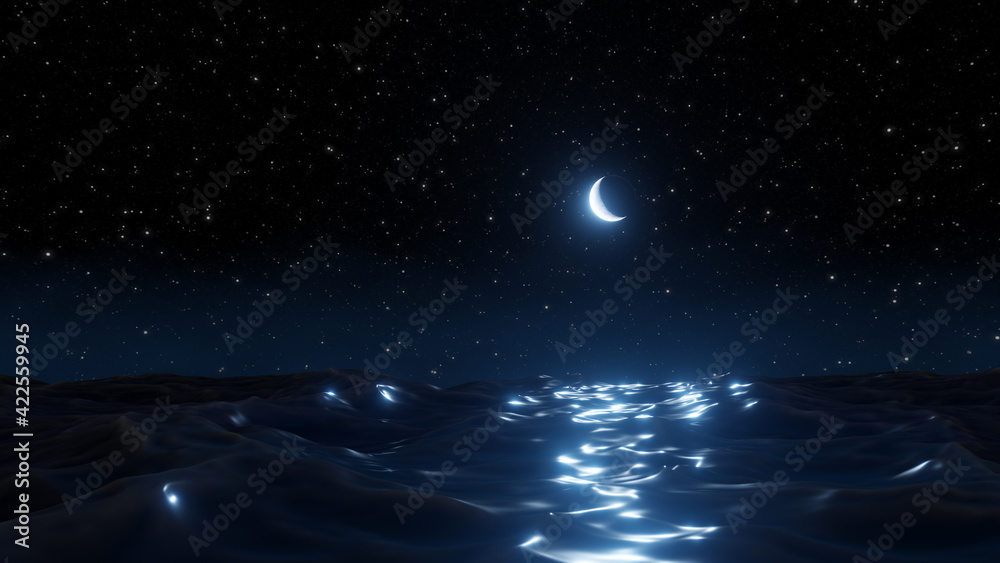Night background with moon and stars where the moonlight reflects on ...