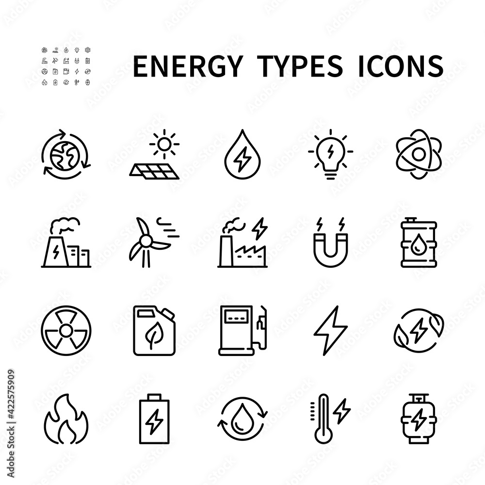 Types of energy vector line icons. Isolated icon collection for web ...