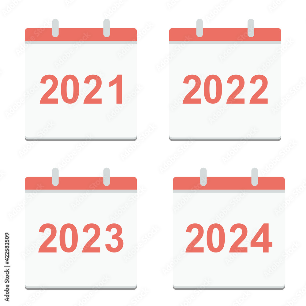Years 2021 2022 2023 2024 colorful calendars set, isolated on white ...