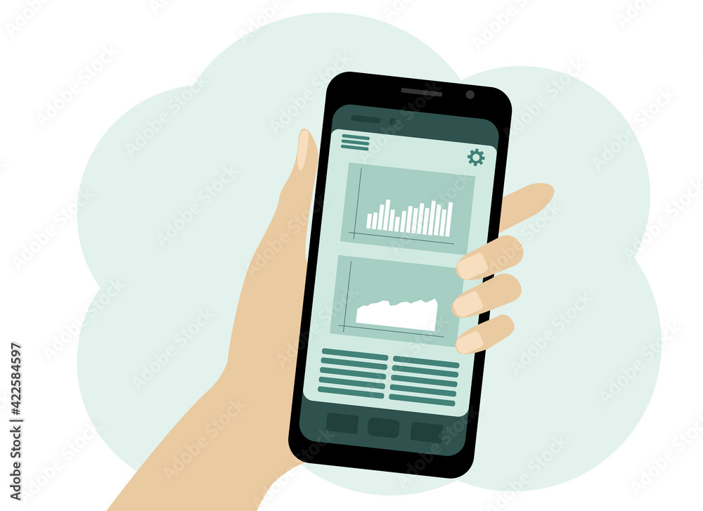 Hand with the phone. On-screen charts and indicators. Business ...