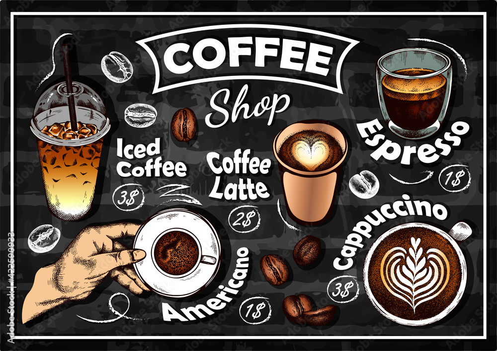 Sketch hand drawn Coffee Shop poster with colorful drinks isolated on ...