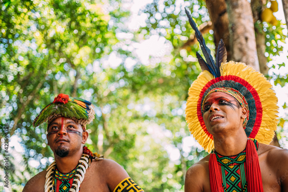 two Indians from the Pataxó tribe. Brazilian Indian from the south of ...