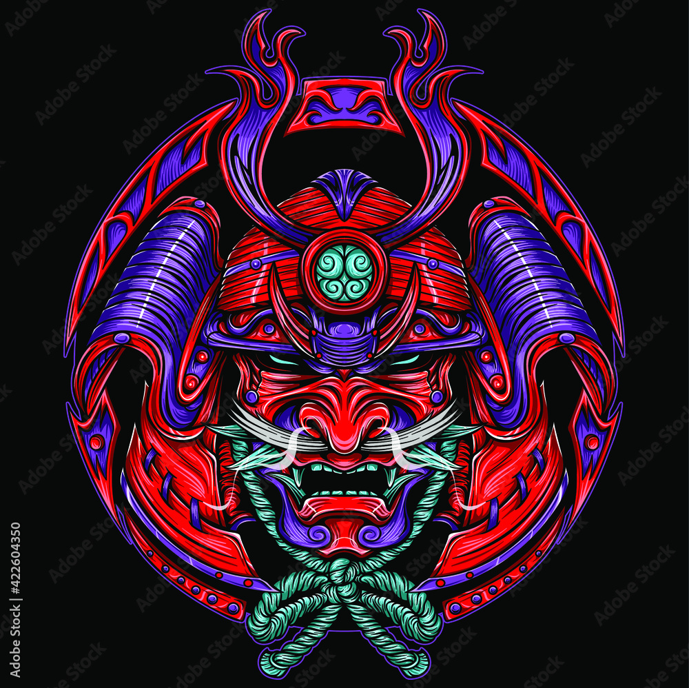 Samurai head complete with kabuto helmet vector illustration Stock ...
