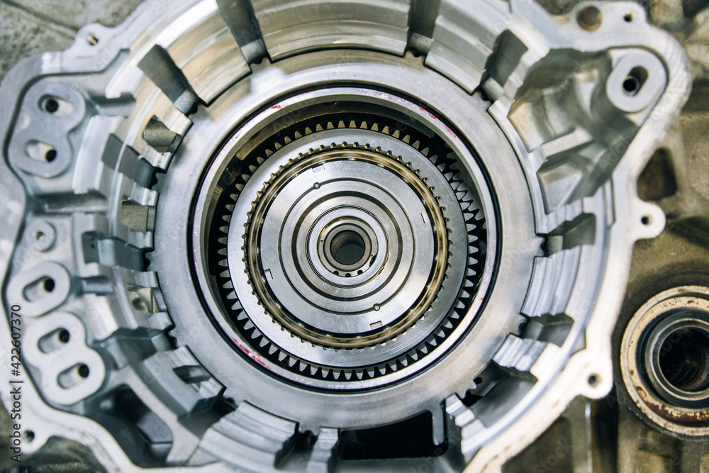 Set of various engine and gearbox spare parts. Shiny gears for ...