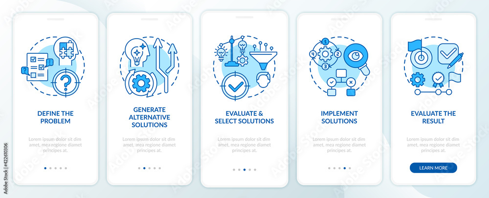 Problem solving steps blue onboarding mobile app page screen with concepts. Decision making ...