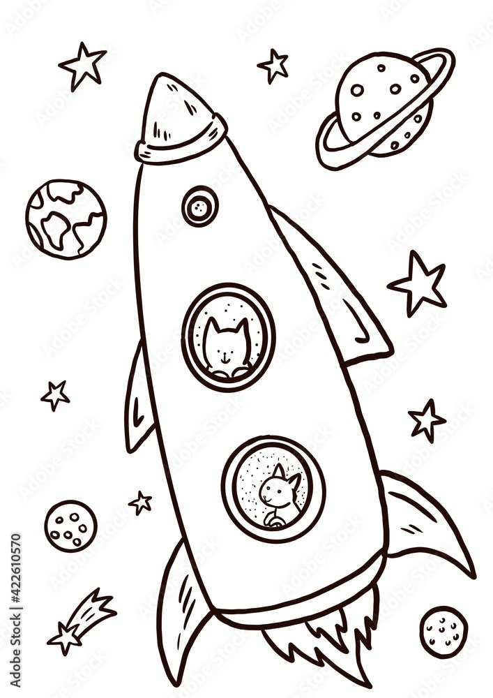Cats fly into space on a rocket. Coloring. Black and white digital ...