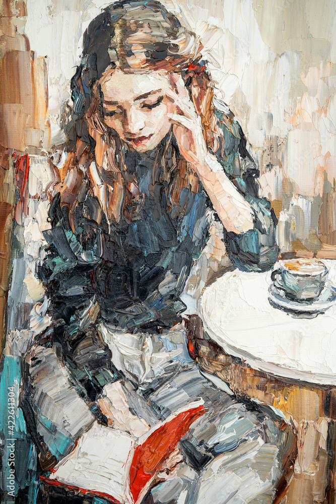 .The girl in the cafe is reading a book. Oil painting of a woman ...