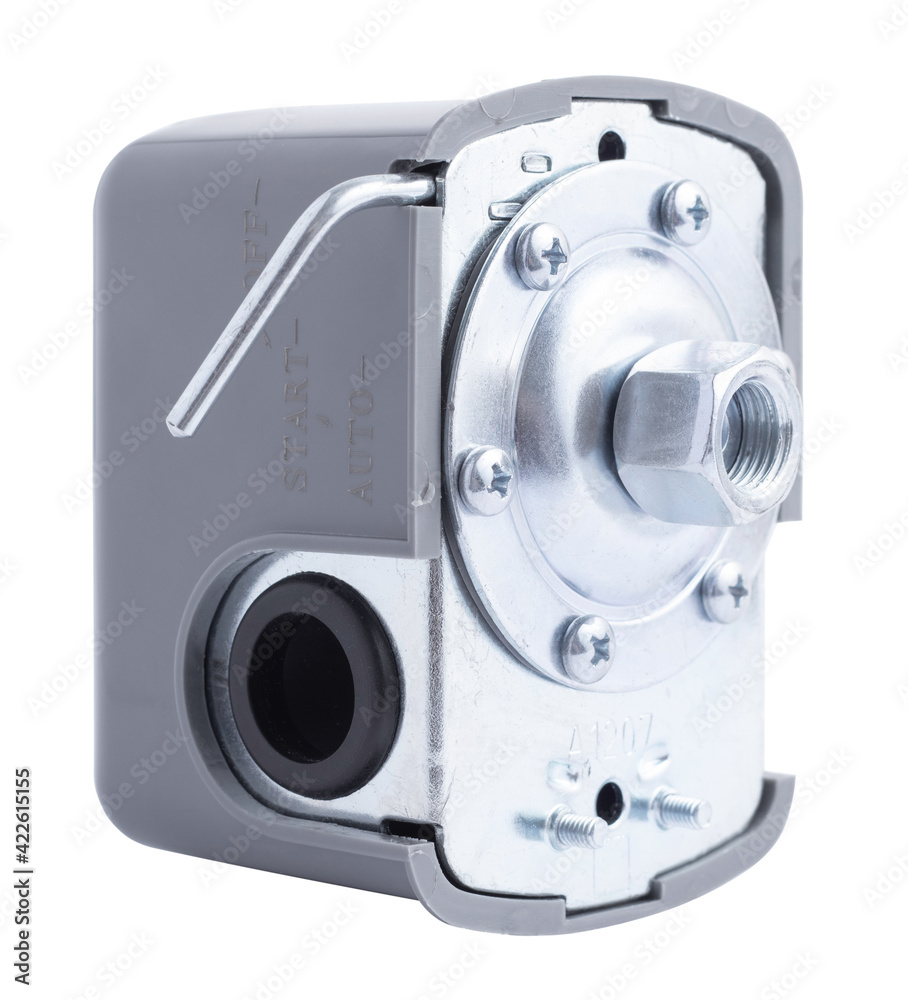 Pressure switch for pressure regulation in pumping station. Isolated on ...