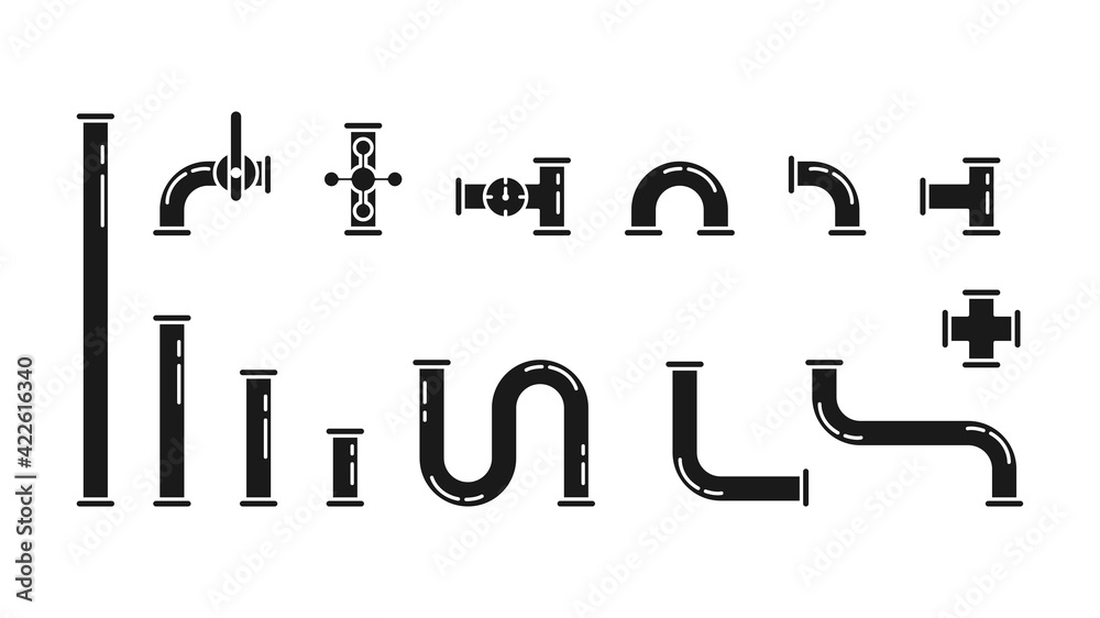 Set of icons of pipes, valves, taps, pipe connectors isolated on white ...