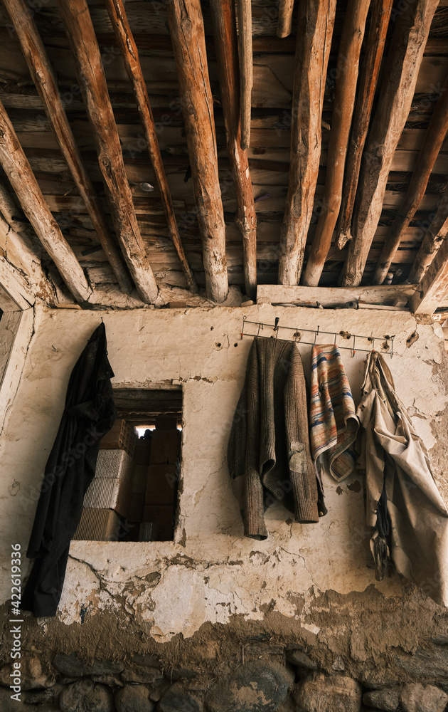 Old stone house with wooden ceiling. Old wooden ceiling house made of ...