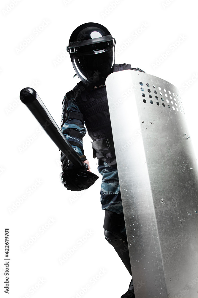 Soldiers in full uniform with armor, baton, protective shield. Uniform ...