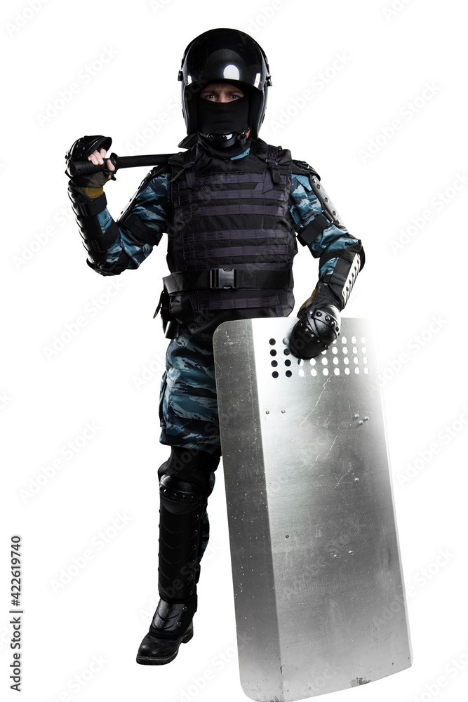 Soldiers in full uniform with armor, baton, protective shield. Uniform ...