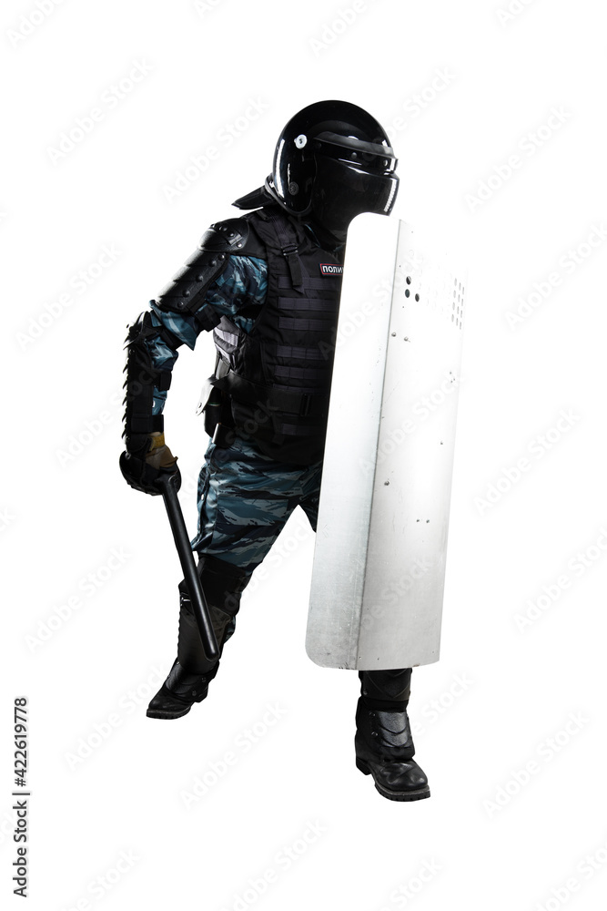 Soldiers in full uniform with armor, baton, protective shield. Uniform ...