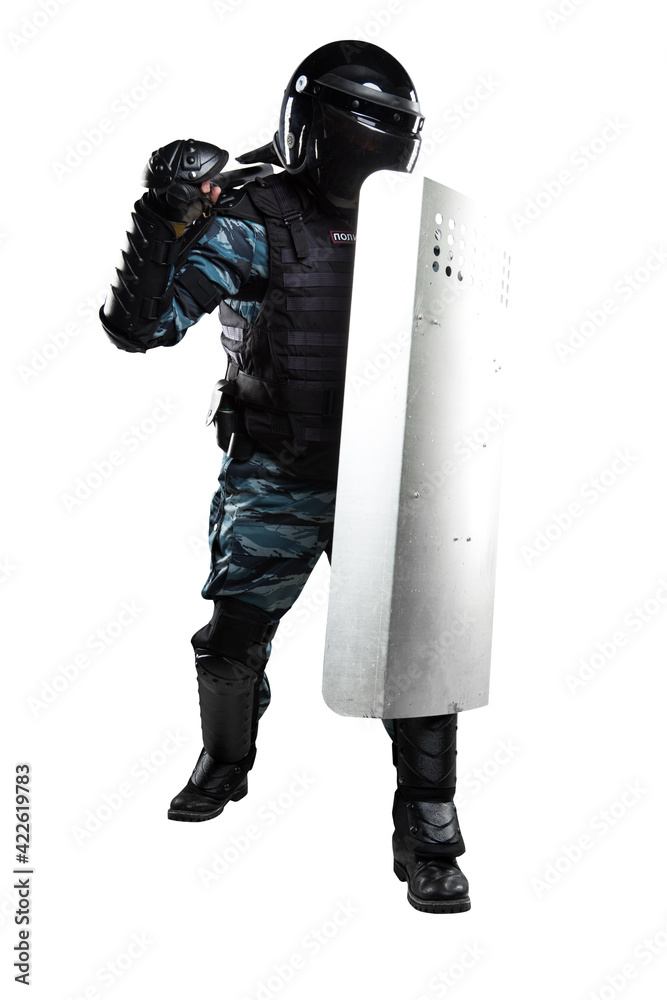 Soldiers in full uniform with armor, baton, protective shield. Uniform ...