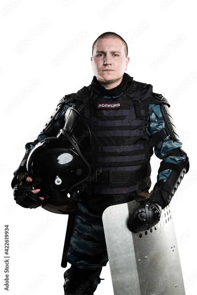 Soldiers in full uniform with armor, baton, protective shield. Uniform ...