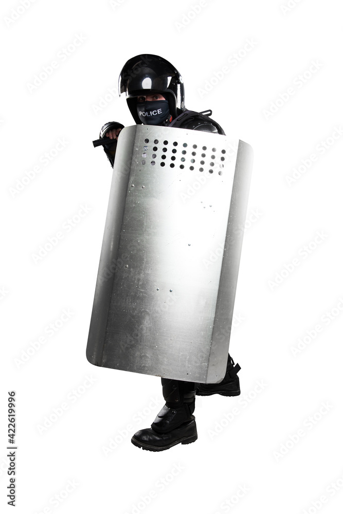 Soldiers in full uniform with armor, baton, protective shield. Uniform ...