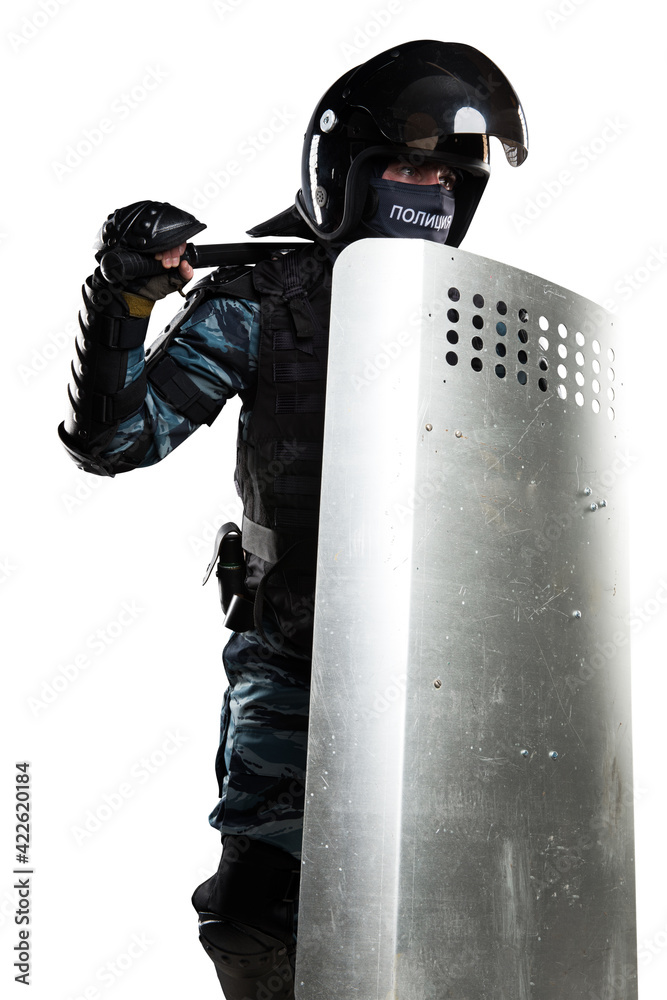 Soldiers in full uniform with armor, baton, protective shield. Uniform ...