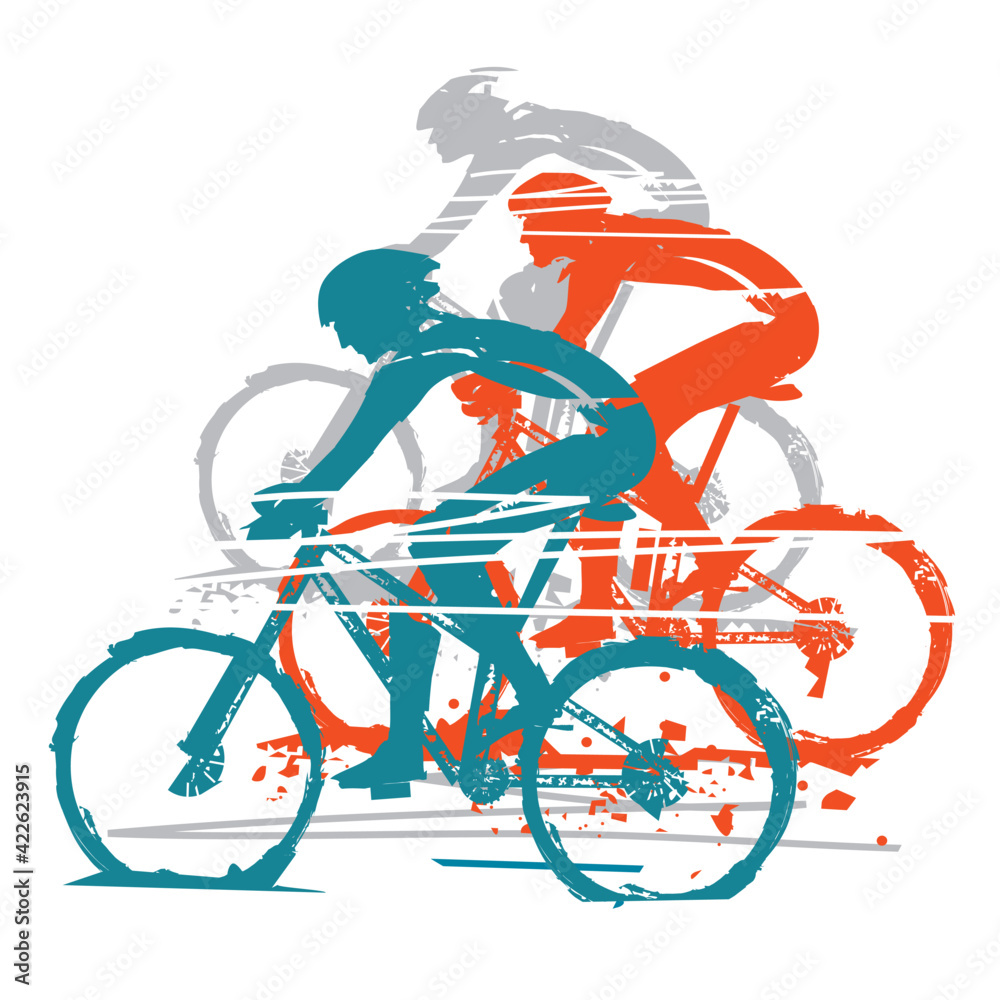 Three cyclists, competition, expressive stylized. Three cyclists in ...
