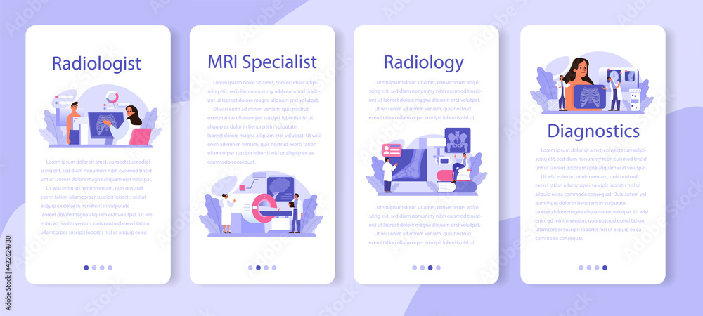 Radiologist mobile application banner set. Doctor examing X-ray image ...
