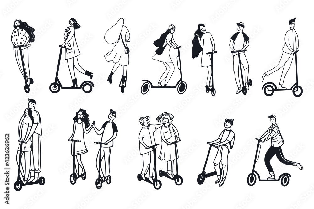 A vector set drawn with a black stroke, female and male characters of ...