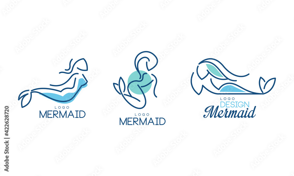 Mermaid Logo Design with Aquatic Creature Having Fish Tail Vector Set ...