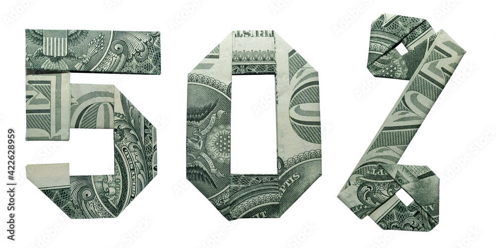 50 Percents Sale Sign Collage Money Origami Folded with 3 Real One ...