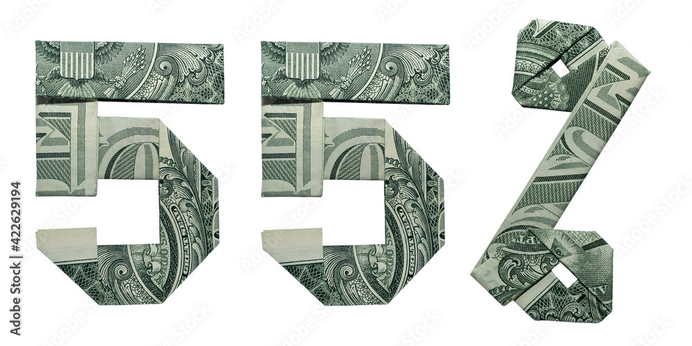 55 Percents Sale Sign Collage Money Origami Folded with 3 Real One ...