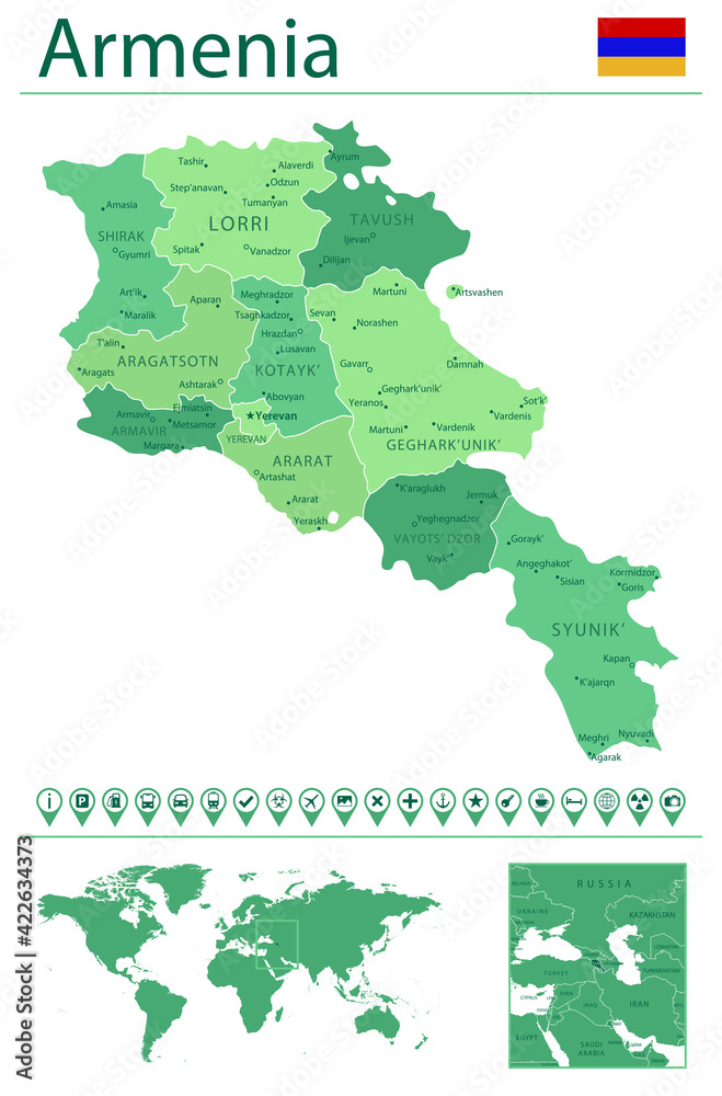 Armenia detailed map and flag. Armenia on world map. Stock Vector ...