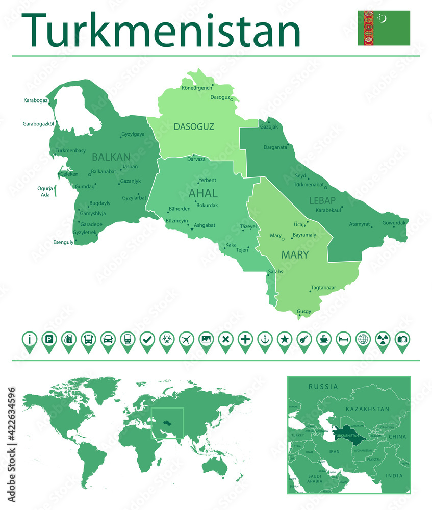 Turkmenistan detailed map and flag. Turkmenistan on world map. Stock ...
