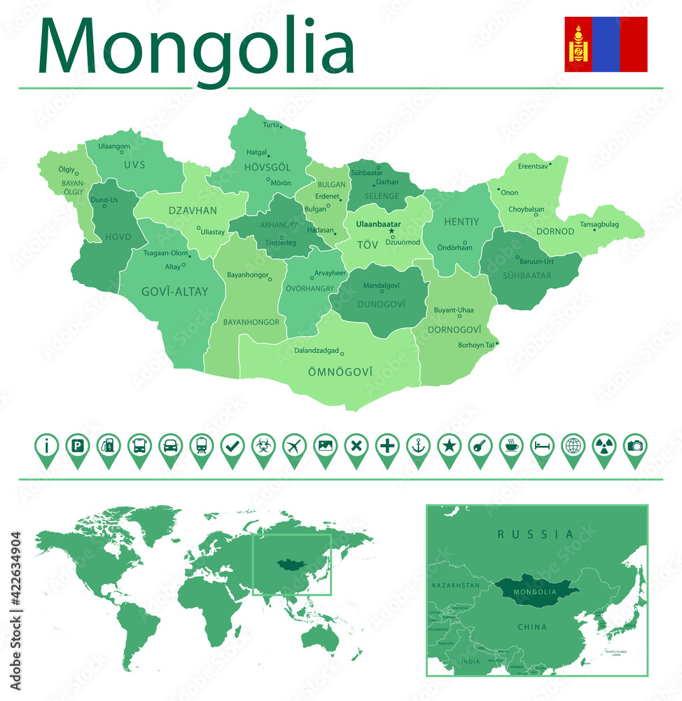 Mongolia detailed map and flag. Mongolia on world map. Stock Vector ...