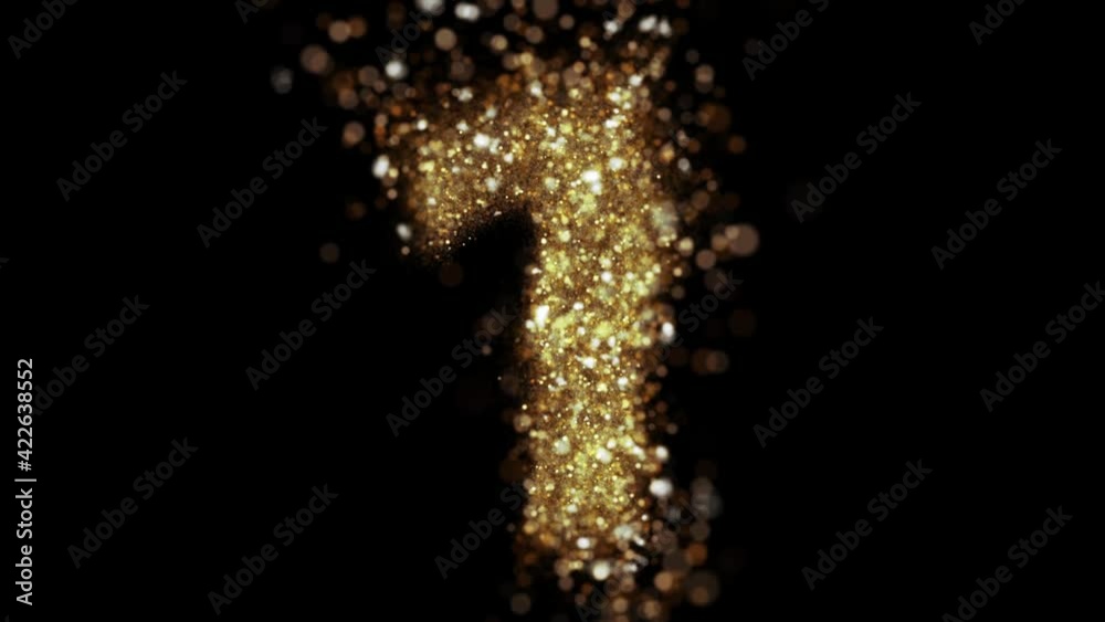 Gold glitter number 1 fly into camera. Golden glitter alphabet symbol ...