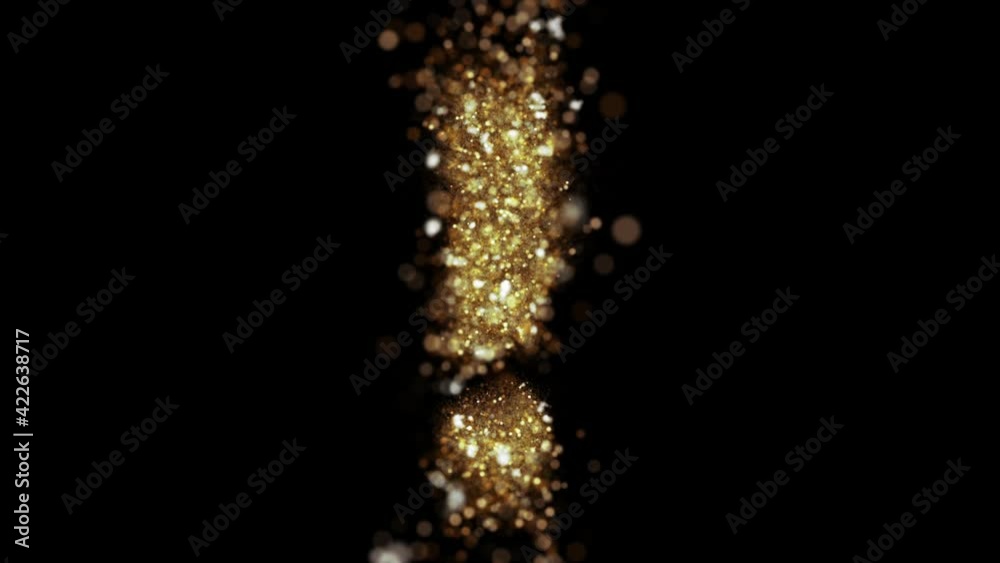 Gold glitter exclamation point symbol fly into camera. Golden glitter ...