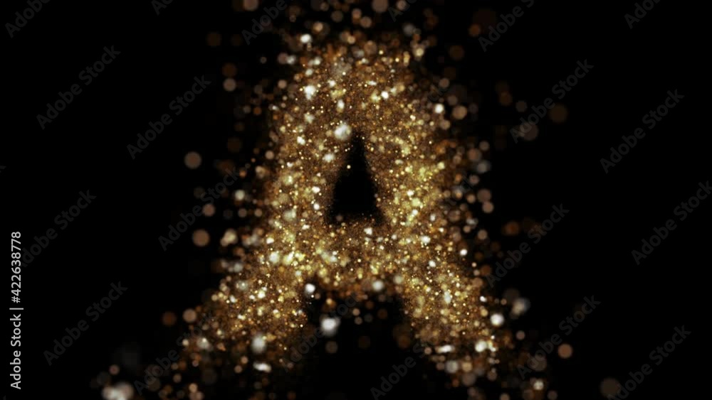Gold glitter letter A fly into camera. Golden glitter alphabet symbol ...