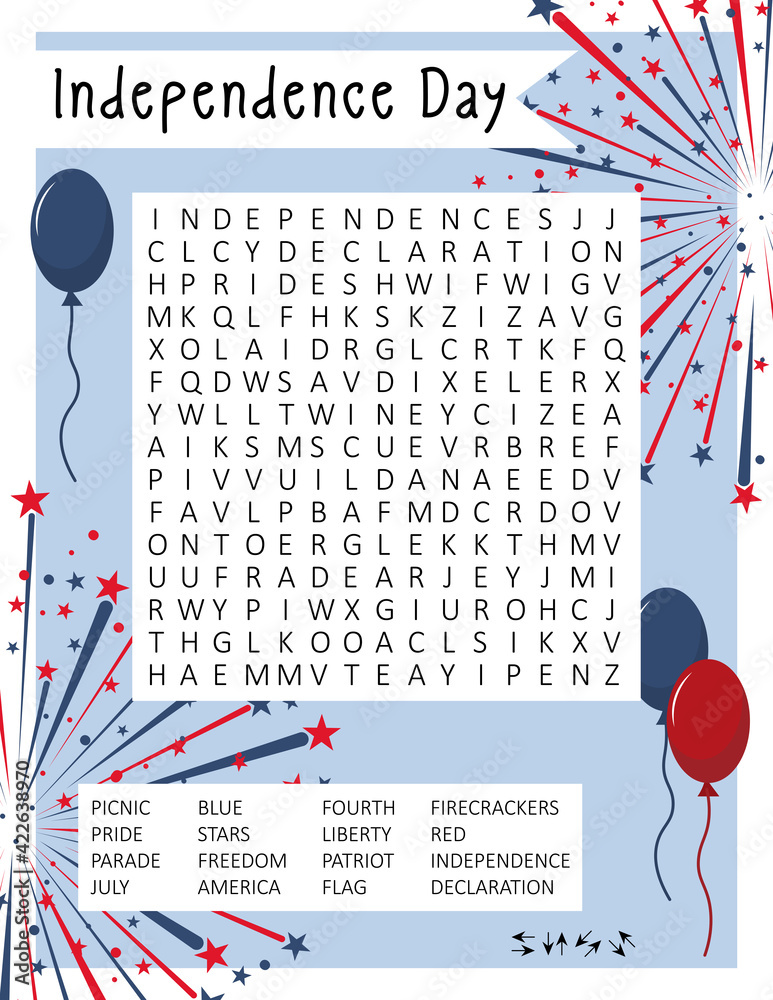 Independence Day (4th July) word search puzzle for learning English ...