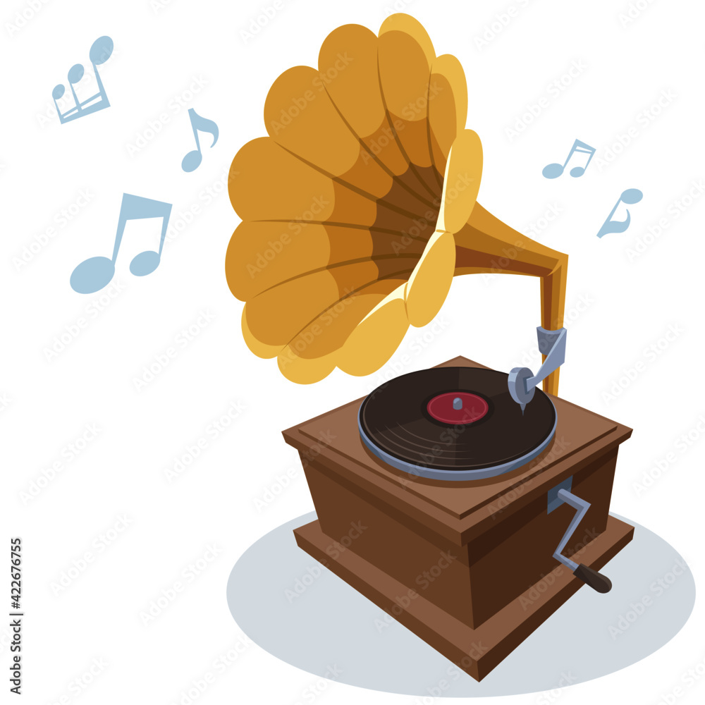 Retro gramophone playing music on isolated white background. Vector ...