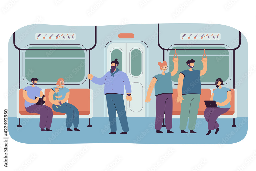 Passengers in subway or underground car interior. Flat vector ...