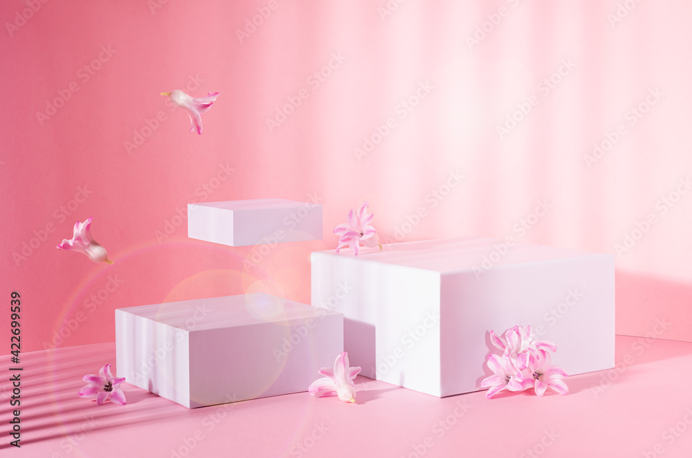 Fashion pastel pink mock up with set of white square podiums for ...