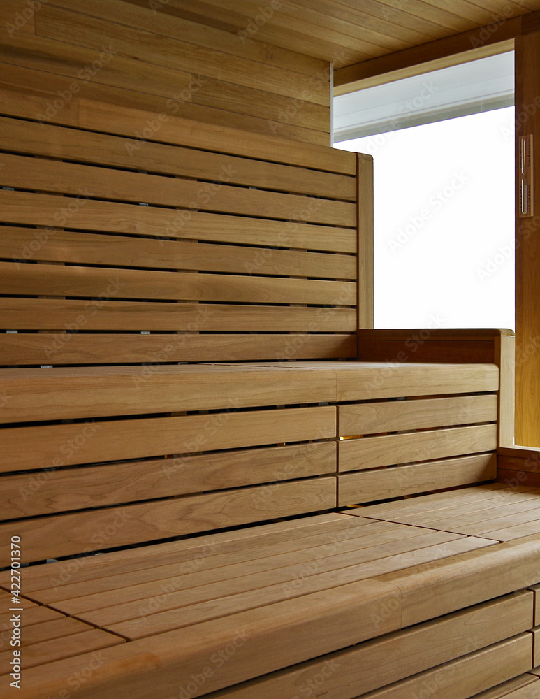 Finnish or dry sauna with oceanview or view of the sea inside male ...