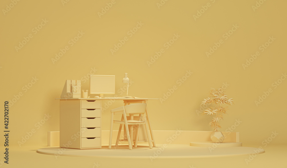 Pastel yellow monochrome minimal office table desk. Minimal idea ...