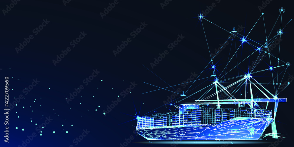 Cargo sea port. 3d ship, port crane and containers in dark blue ...