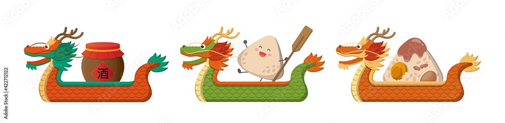 3 kinds of dragon-shaped boats and elements of Asian Dragon Boat ...
