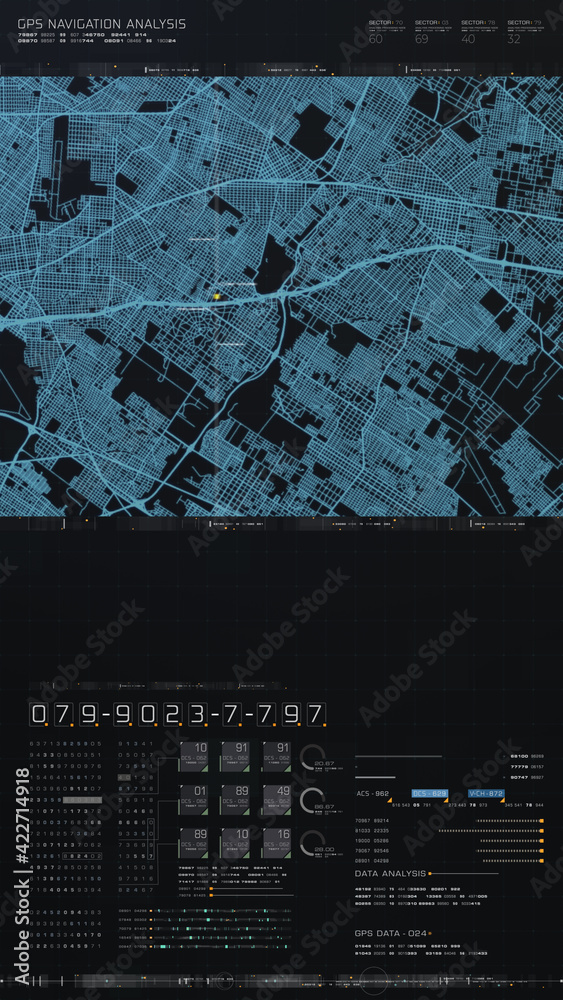 Futuristic digital city map layout with satellite GPS coordinate ...